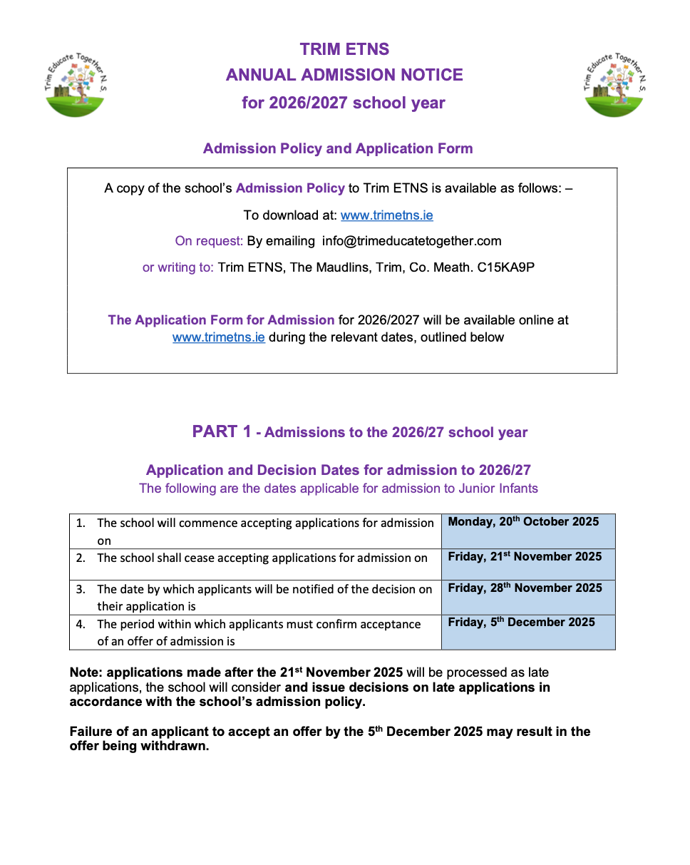 Enrolment 2026/27 now open. - Trim Educate Together National School